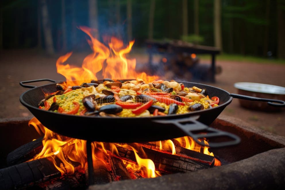 Cooking Paella on an Open Fire with a Chefs Spatula Stock Illustration ...