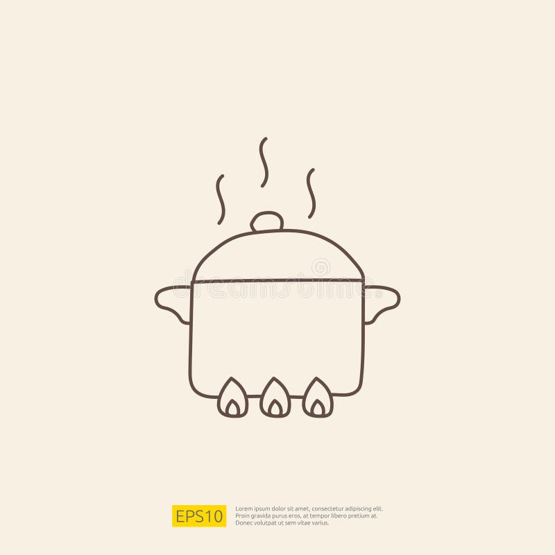 Cooking Pan Over Fire Doodle Icon. Stroke Line Sign Symbol Vector ...