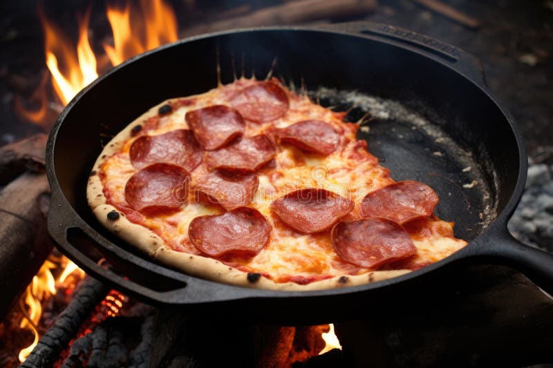 Cooking Pepperoni Pizza in a Cast Iron Skillet on a Fire Stock ...