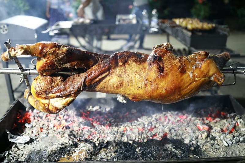 Pig on a spit stock photo. Image of flame, outdoor, animal - 9819322