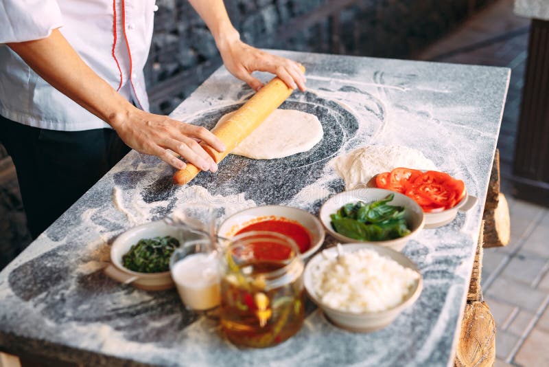 Cooking Pizza. Pizza Ingredients on the Table. Stock Image - Image of ...
