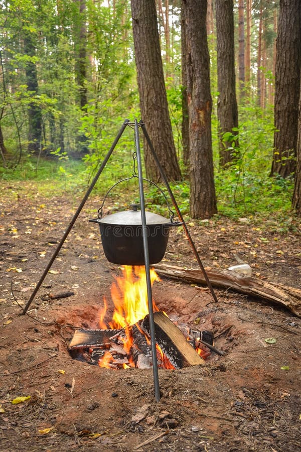 Cooking in Pot on Campfire, Camp Cooking, Pot with Hot Food Stock Photo ...