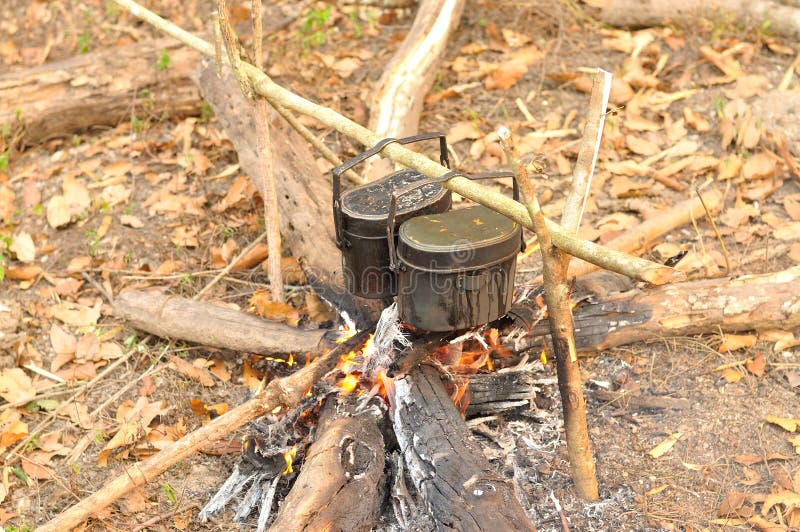 Cooking Pot in Campfire, Camping in Forest Stock Photo - Image of ...
