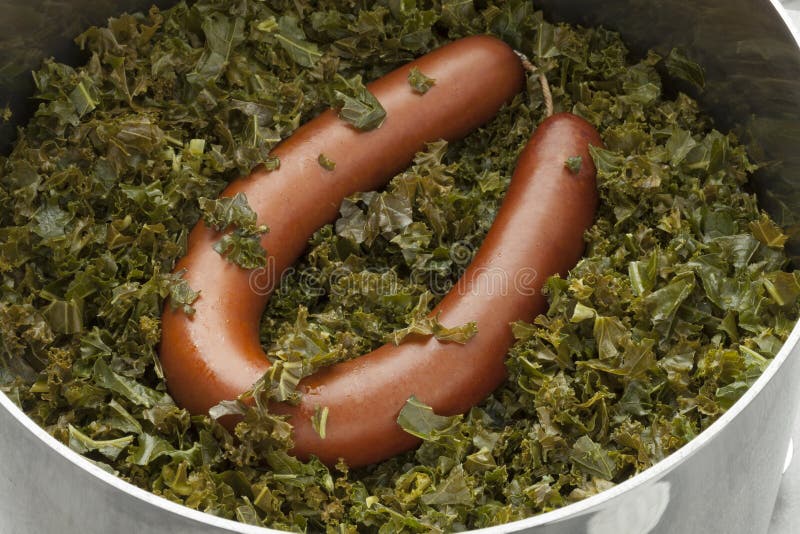 Cooking Pot with Cooked Curly Kale and Sausage Stock Image - Image of ...