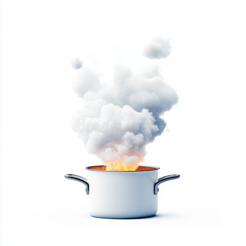 Cooking Pot with Explosion of Smoke and Fire Isolated on White ...