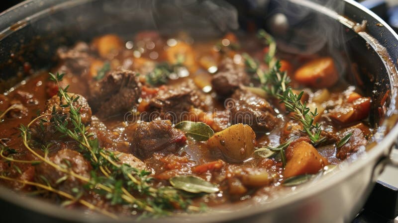 A Cooking Pot Filled with Stew and Various Vegetables Simmering on Top ...