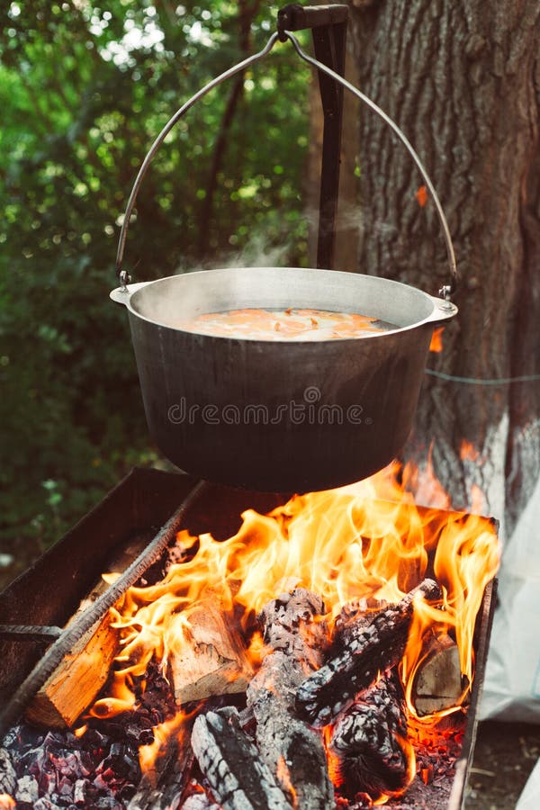 Cooking in a Pot on the Fire Stock Image - Image of lifestyle, campfire ...