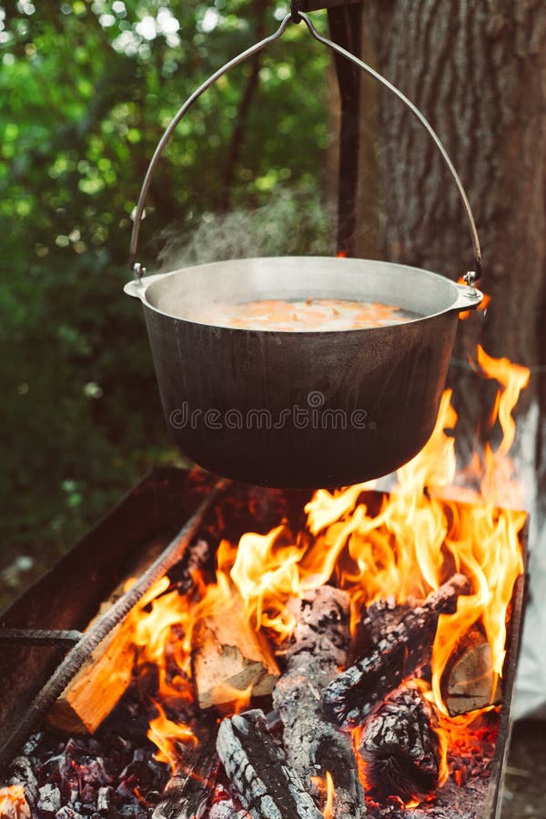 Cooking in a Pot on the Fire Stock Photo - Image of heat, camp: 130993106