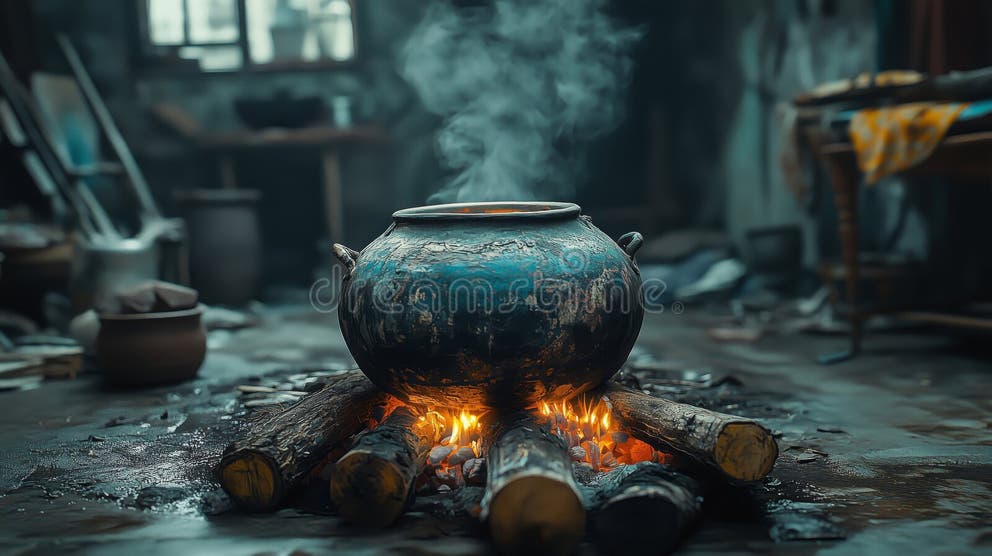 Cooking Pot on Fire in Rustic Kitchen Stock Illustration - Illustration ...