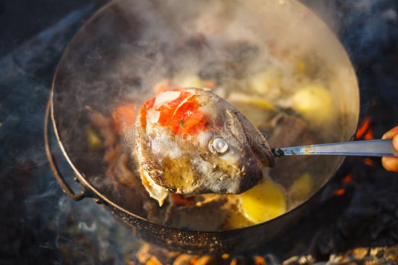 Cooking in a Pot on the Fire in the Spring of Red Fish Soup Stock Image ...