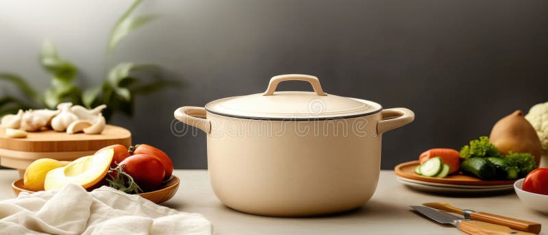 Cooking Pot with Fresh Vegetables in a Cozy Kitchen Setting Stock ...