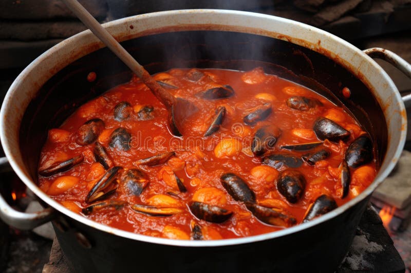 Cooking Pot Full of Steaming Mussels in Marinara Sauce Stock Photo ...