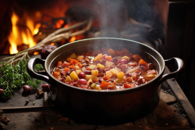 Cooking Pot Full of Stew on a Rustic Kitchen Stove Stock Image - Image ...