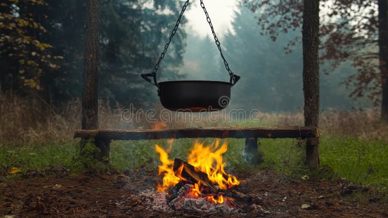 Cooking Pot Hanging Over Campfire in Misty Forest Setting Stock Image ...
