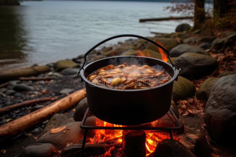 Cooking Pot Over Campfire with Chowder Inside Stock Illustration ...