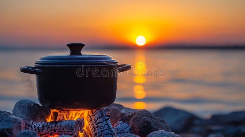 Cooking Pot Over Campfire with Scenic Sunset on Lakeside Stock ...
