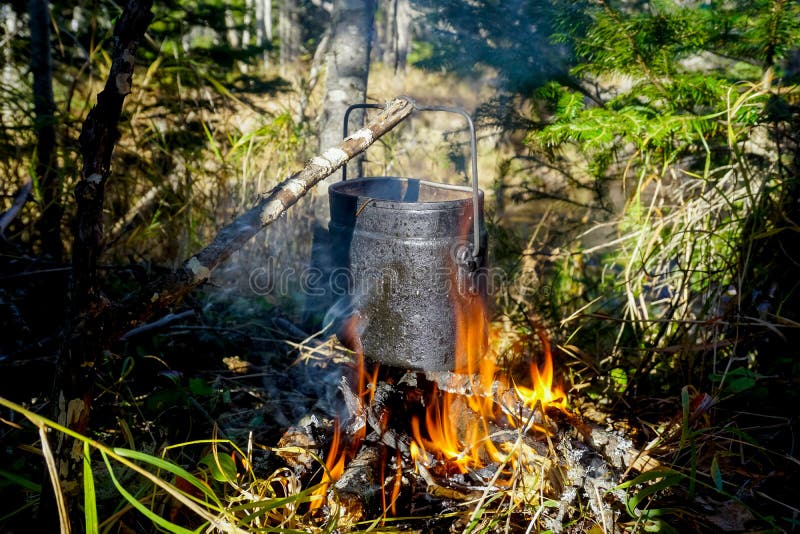 Cooking in a Pot Over a Fire in the Taiga Stock Photo - Image of kettle ...