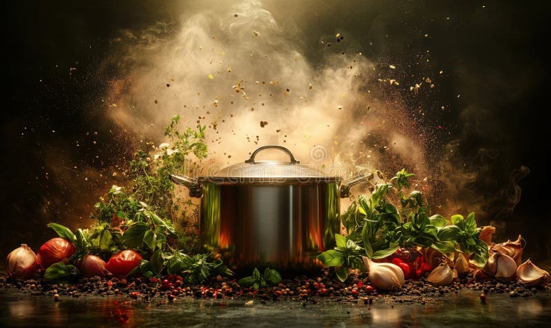 Cooking Pot Surrounded by Herbs, Spices, Vegetables, and Smoke Stock ...