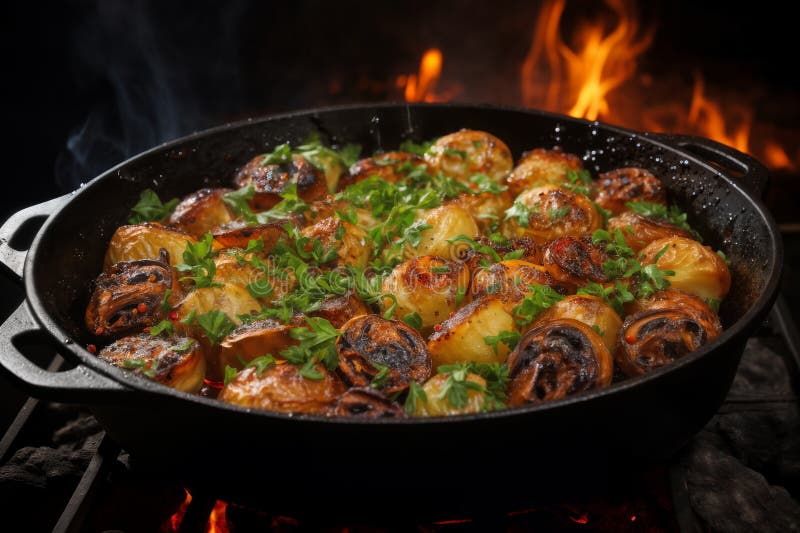 Cooking Potatoes on Fire with Herbs and Vegetables, Delicious Food ...