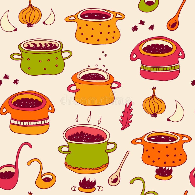 Cooking Pots Vector Seamless Pattern in Doodle Style Stock Vector ...