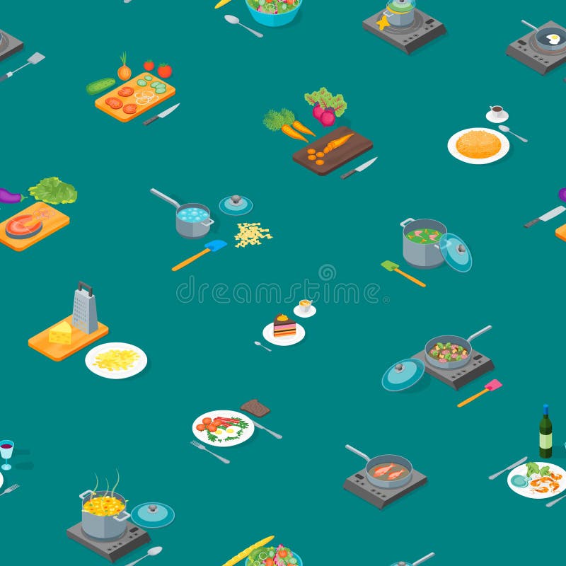 Cooking or Preparation Food Seamless Pattern Background Isometric View ...
