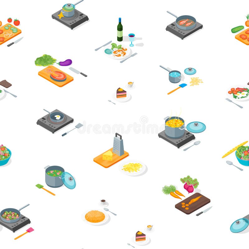 Cooking or Preparation Food Seamless Pattern Background Isometric View ...
