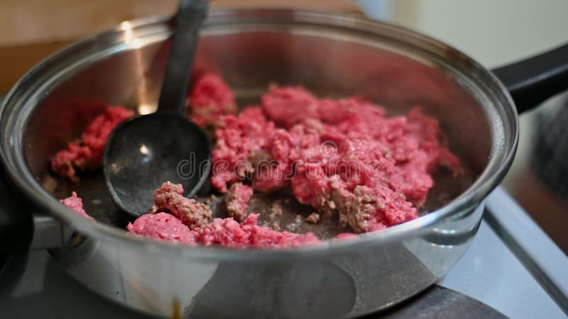 Cooking Oil Sprayed on Raw Minced Beef in Hot Pan Stock Video - Video ...