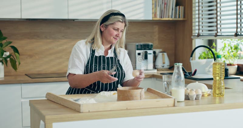 Cooking Process Delighted Elderly Woman in Apron Standing at Table in ...
