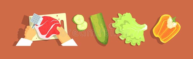 Cooking Process with Hand and Ingredient Table Above Vector Set Stock ...
