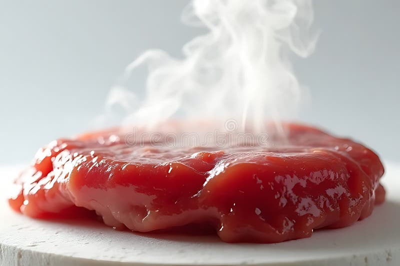 Cooking Process of Juicy Red Meat on a White Surface with Steam Rising ...