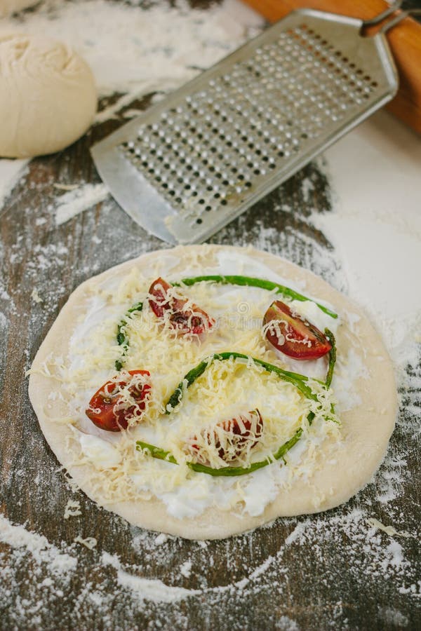 Cooking Process of Mini Pizza with Asparagus, Tomatoes and Cheese ...