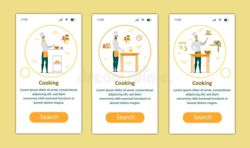 Cooking Process Mobile App Page Onboard Screen Set Stock Vector ...