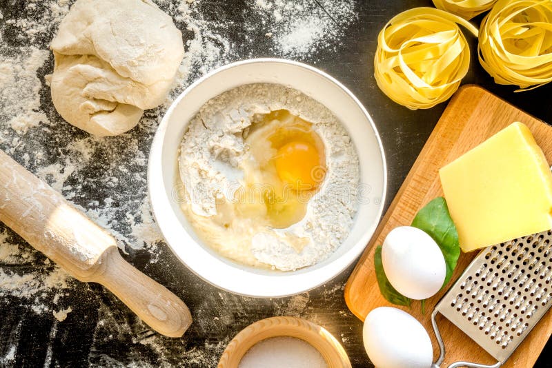 Cooking Process Of Pasta On Dark Background Top View Stock Image ...
