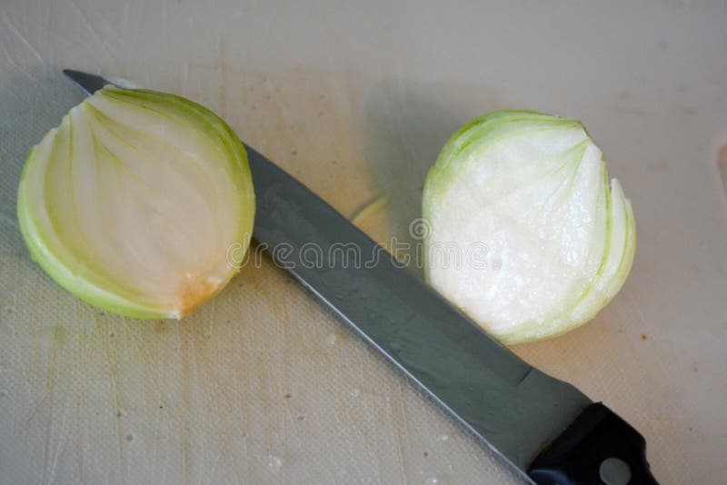 A Large White Green Onion and a Utility Knife with a Black Handle Lie ...
