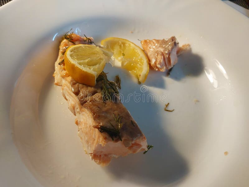 Cooking Red Salmon Fish with Lemon and Olive Oil Stock Image - Image of ...