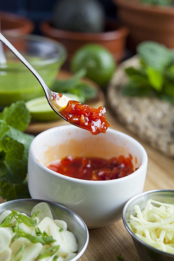 Cooking Red Spicy Chilli Salsa at Home. Stock Photo - Image of cilantro ...