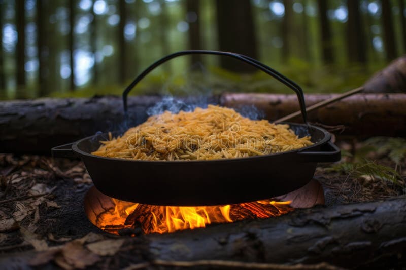 Cooking Rice in a Cast Iron Pan Over a Campfire, Surrounded by Forest ...