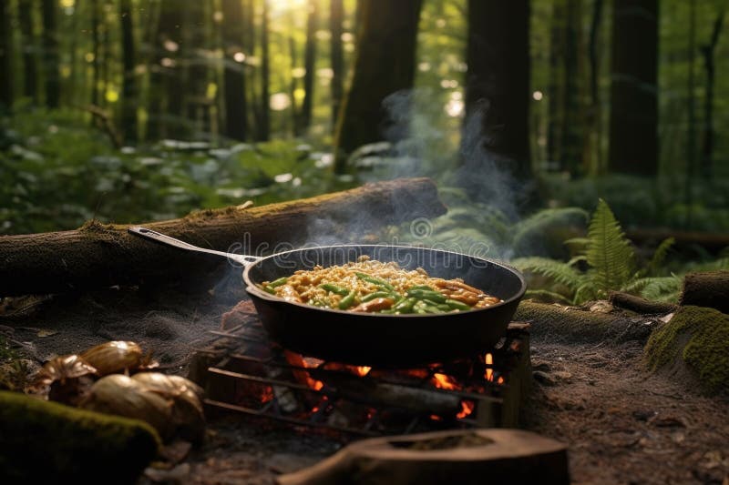 Cooking Rice in a Cast Iron Pan Over a Campfire, Surrounded by Forest ...
