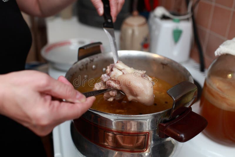 Cooking of Russian Meat Aspic Stock Photo - Image of holding, kitchen ...
