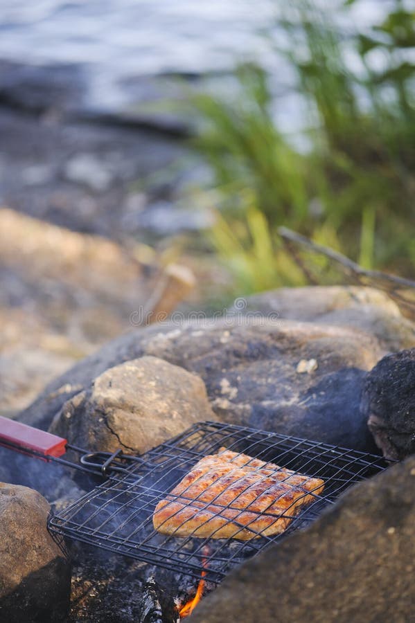 Cooking Salmon Over Camp Fire Stock Image - Image of differential ...