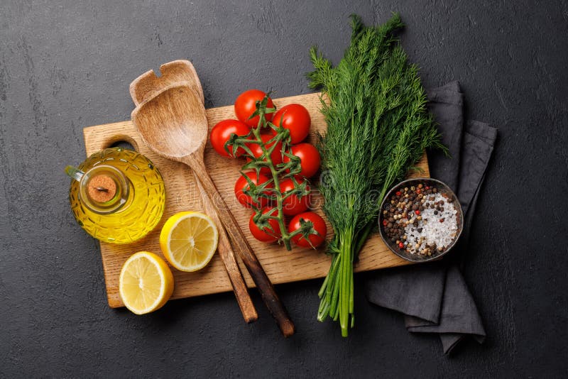 Cooking Scene: Cherry Tomatoes, Herbs and Spices on Table Stock Photo ...