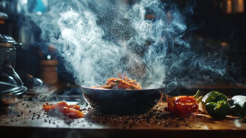 Cooking Scene with Spices and Smoke in Rustic Kitchen Stock Photo ...