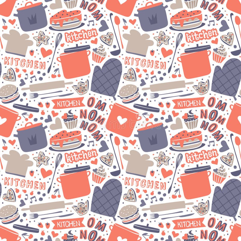 Cooking Seamless Pattern Retro Style with Kitchen and Baking Items ...