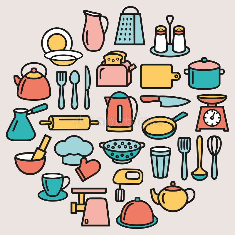 Cooking Set of Kitchenware Line Icons in Circle Stock Vector ...