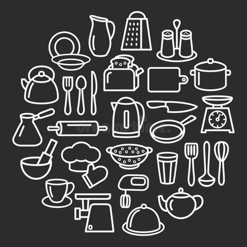 Cooking Set of Kitchenware Line Icons in Circle Stock Vector ...