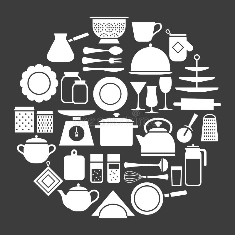 Cooking Set of Kitchenware Silhouette Icons in Circle Stock Vector ...