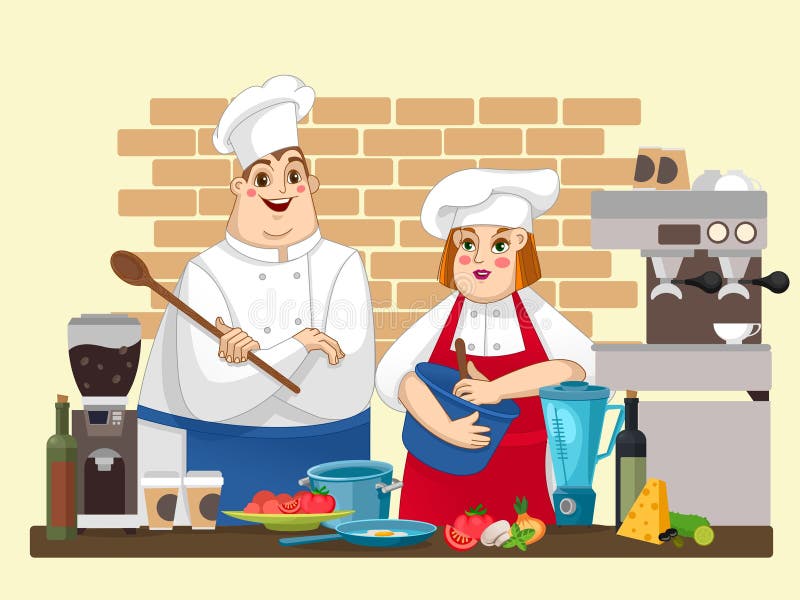 Cooking Show. Two Chefs in the Kitchen Preparing Food. Fun Cartoon ...