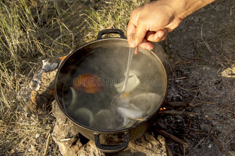 Cooking Soup Over Campfire in Hike Stock Photo - Image of horizontal ...
