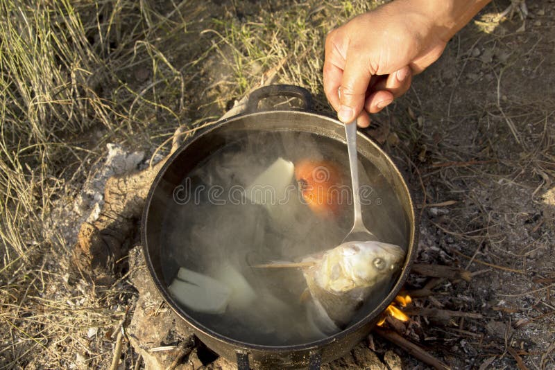 Cooking Soup Over Campfire in Hike Stock Photo - Image of horizontal ...