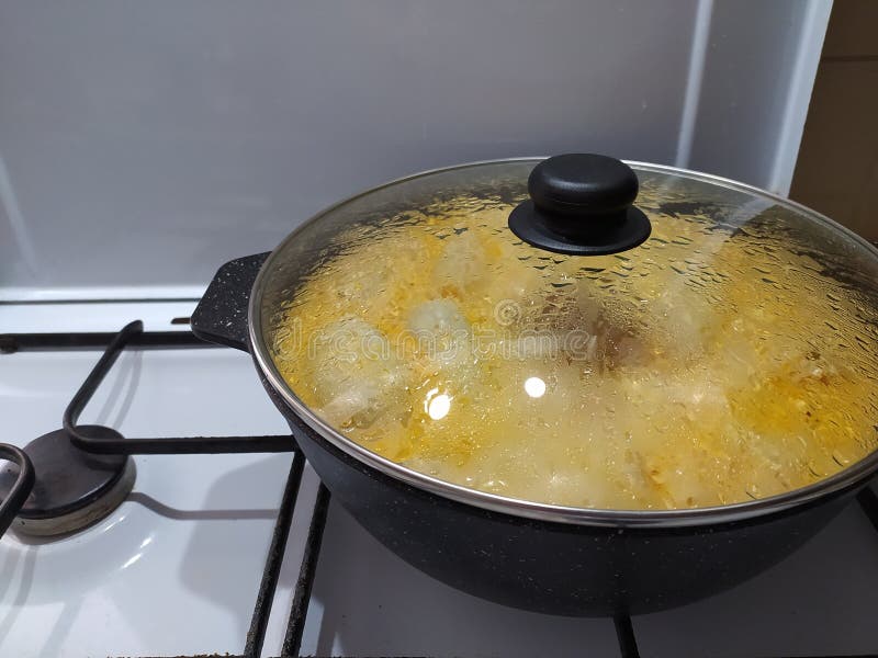 Cooking Soup in Pot on Gas Stove, Close-u Stock Image - Image of ...